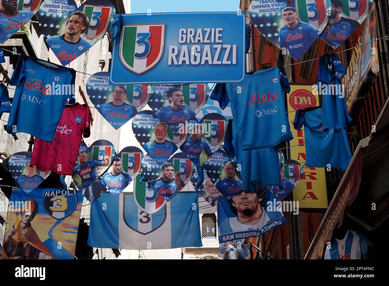 Napoli, Italy. 27th Apr, 2023. Flags and banners in honor of Napoli ...