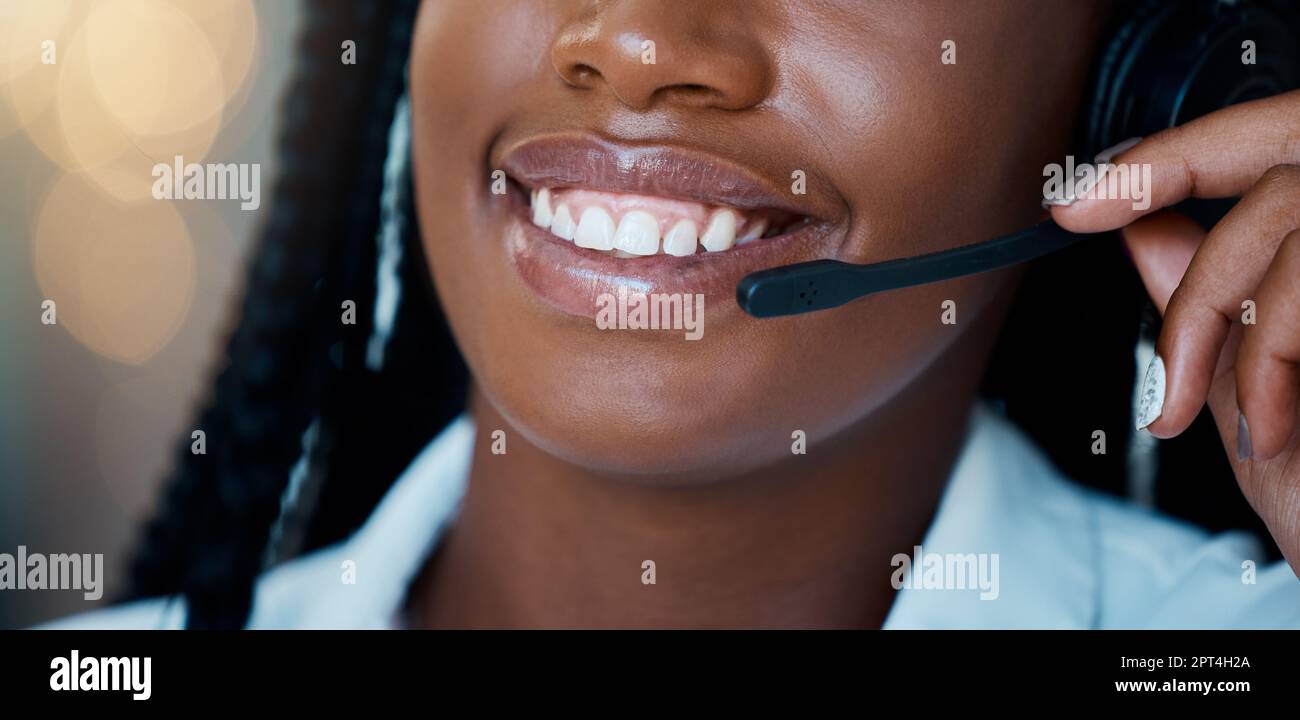 Call center, phone call and mouth of black woman working in ... Call center, phone call and mouth of black woman working in ...