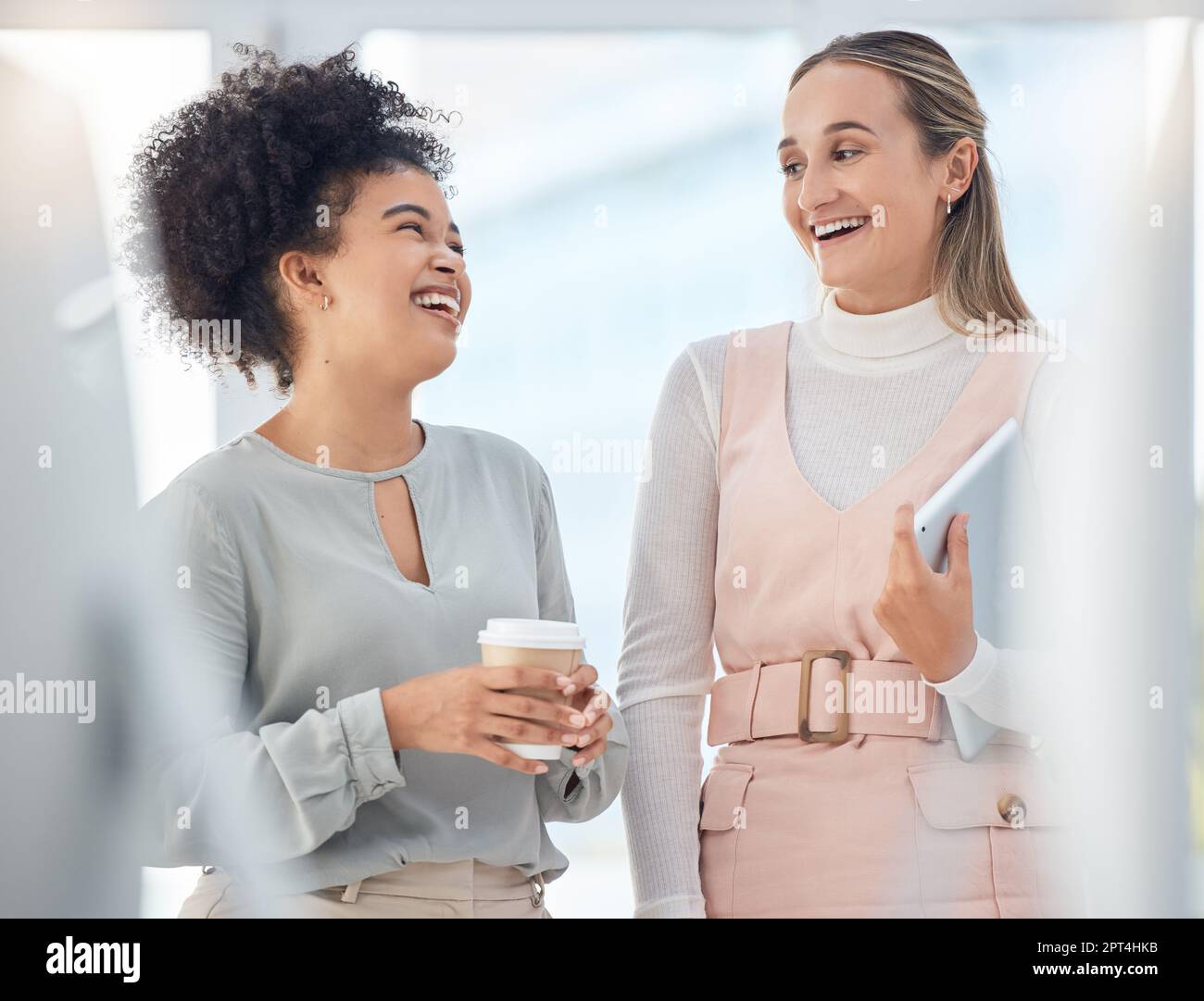 Business women, friends and employees laughing for funny conversation ...