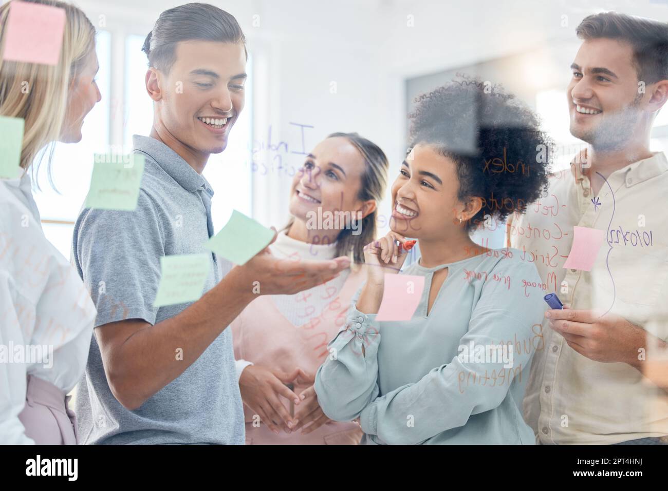 Sticky note, strategy and teamwork of business people in office on ...