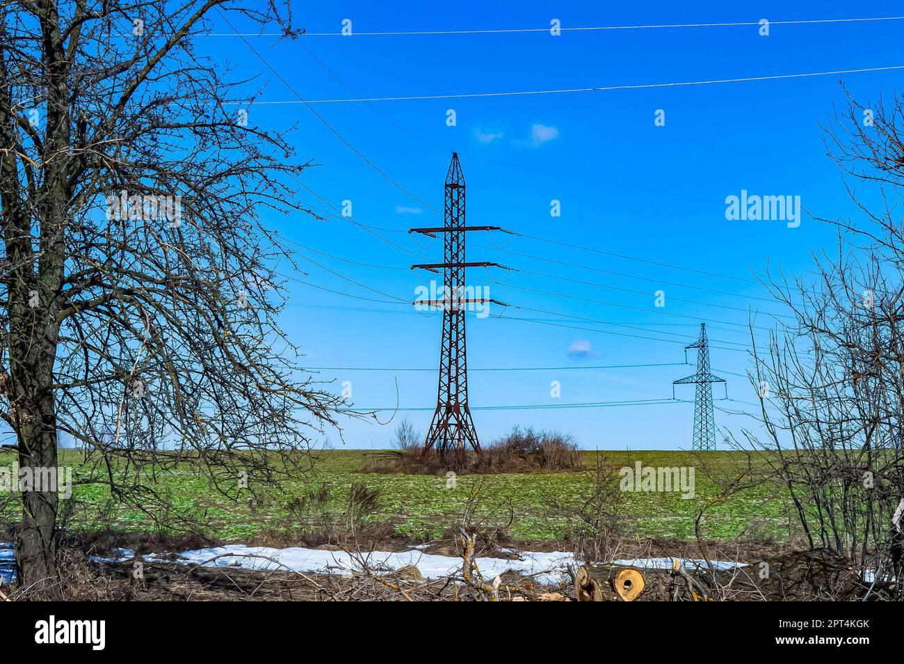 High-voltage power transmission tower with wires. High voltage line ...