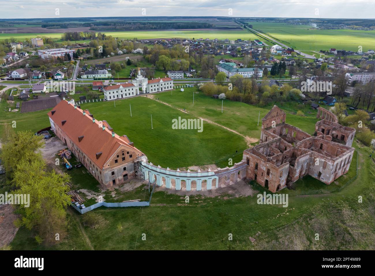 aerial view on overlooking restoration of the historic castle or palace ...
