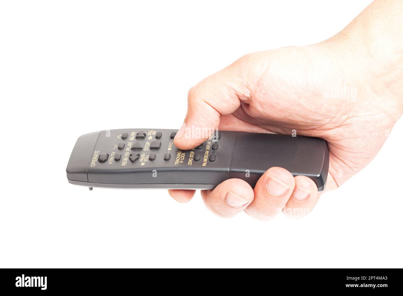 Hand holding remote control isolated on white background Stock Photo ...