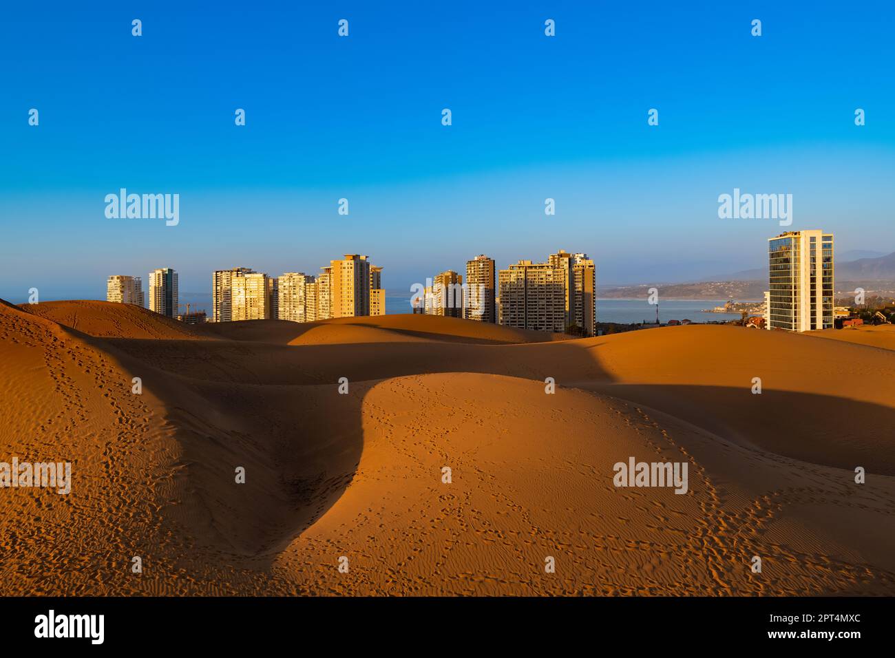 View of buildings in Concon from the sand dunes, Valparaiso Region ...