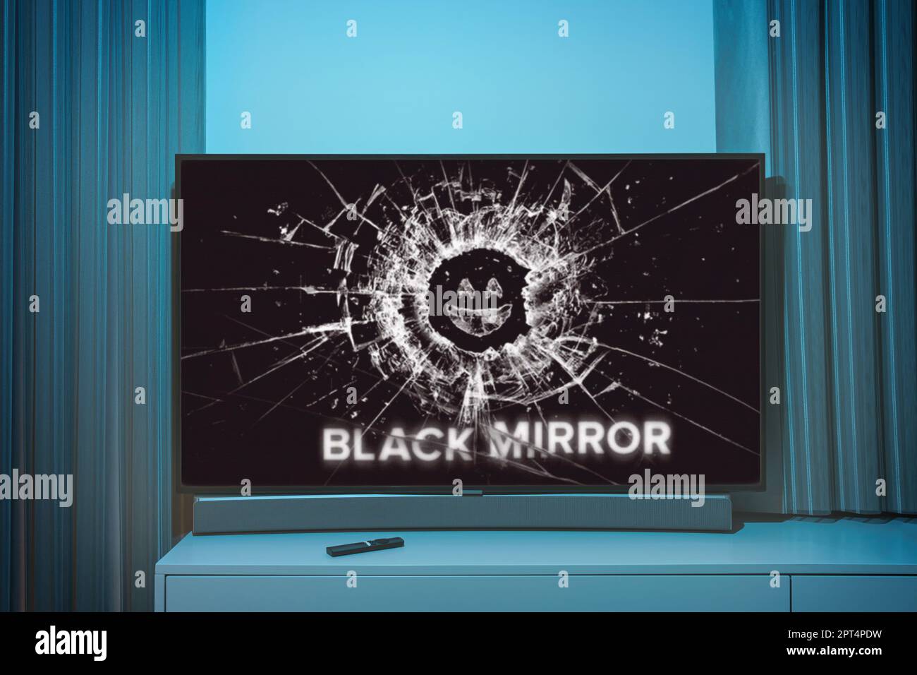 Black Mirror popular Netflix Tv Show on Television screen Stock Photo ...
