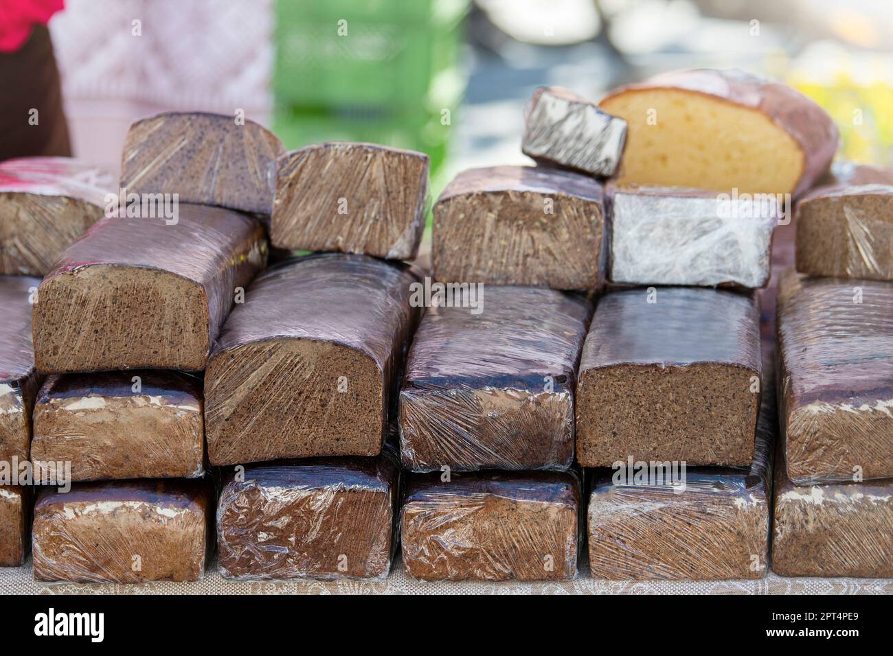 Buy bread at the store. Black and white bread on the bakery counter ...
