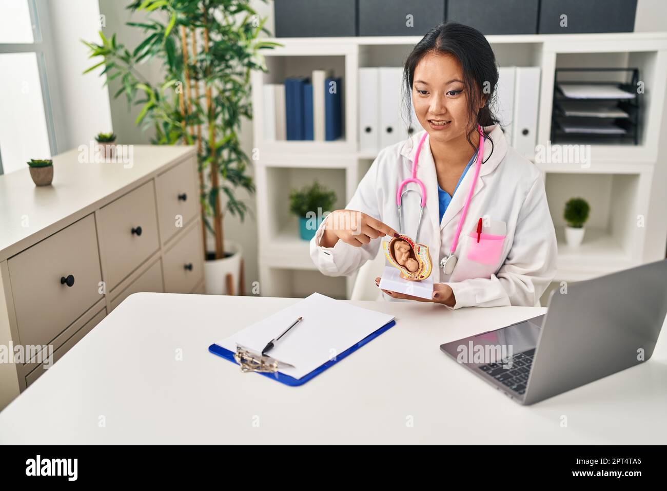 Young chinese woman wearing doctor uniform holding anatomical model of ...