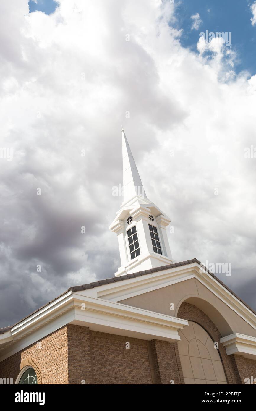 Church Steeple Tower Below Ominous Stormy Thunderstorm Clouds Stock ...