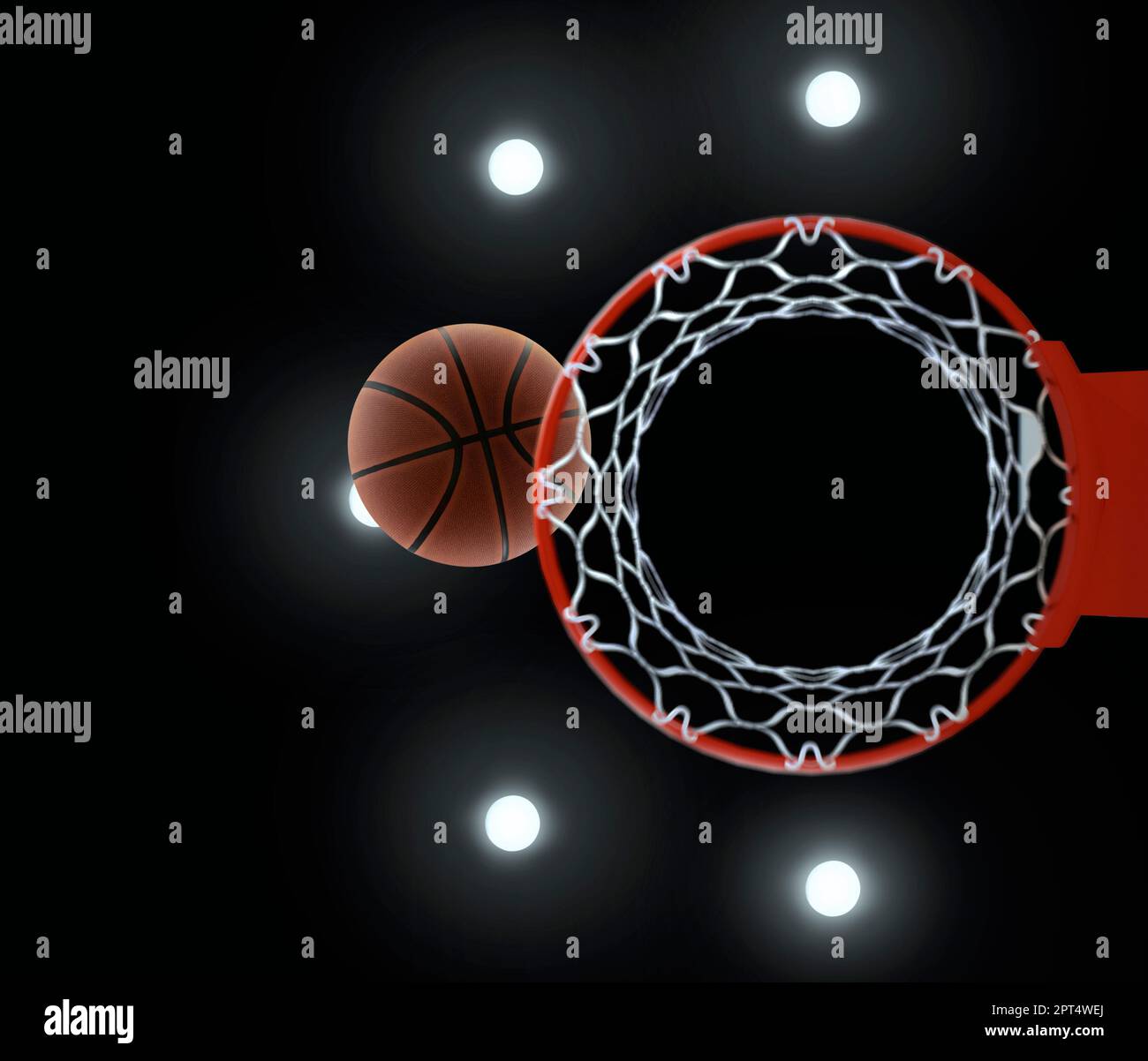 3D rendering of basketball on the hoop and lighting from the canopy ...