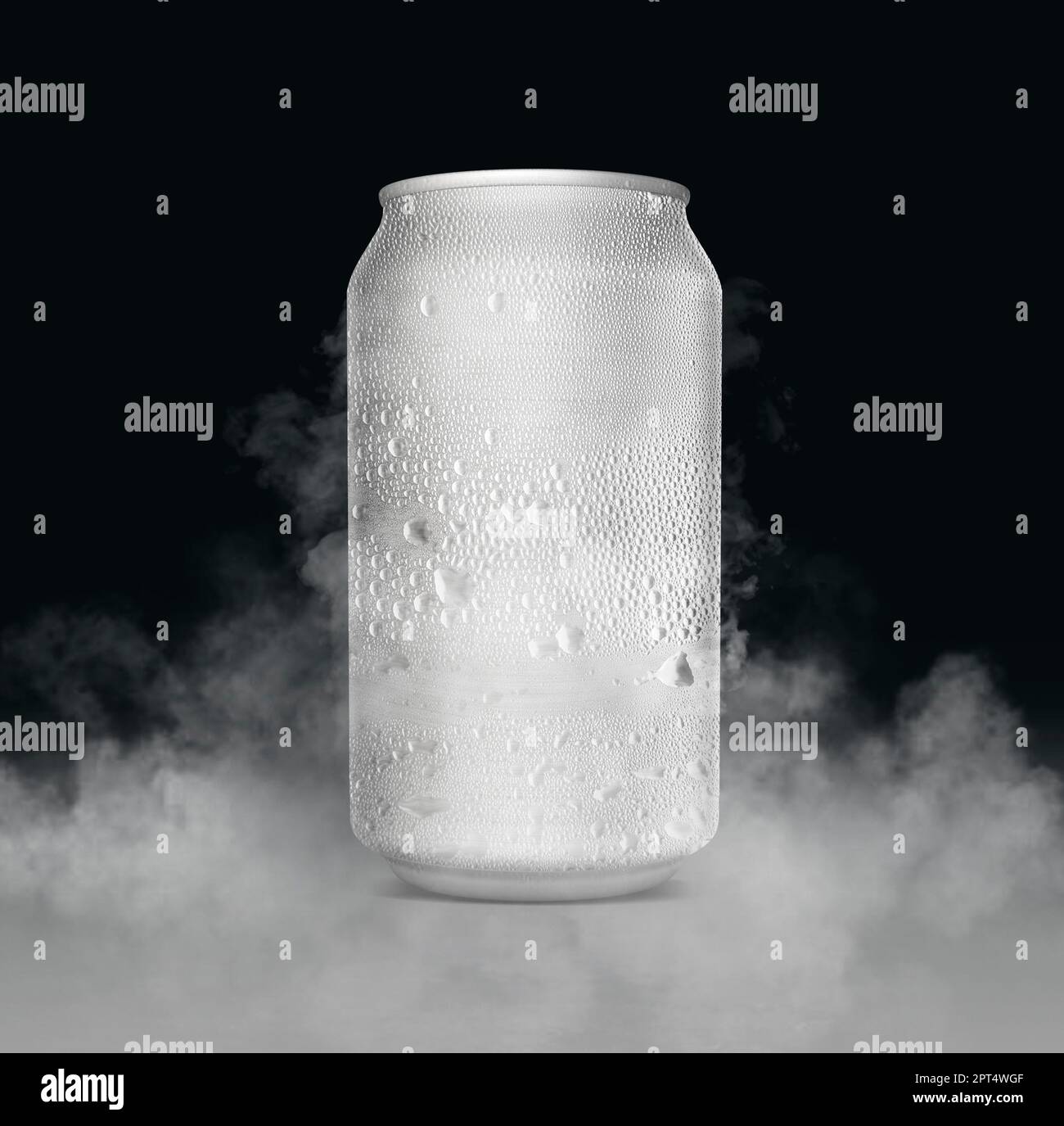 An unbranded freezing cold aluminum tin can with cold vapor an isolated ...