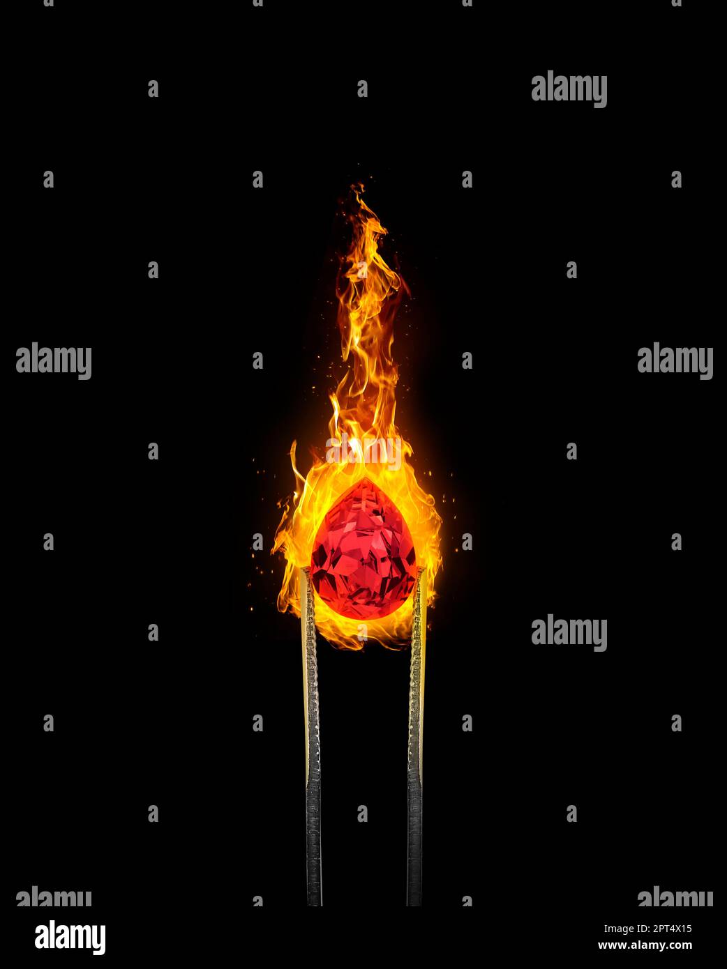 Shiny brilliant diamond red placed on fire on black background in ...