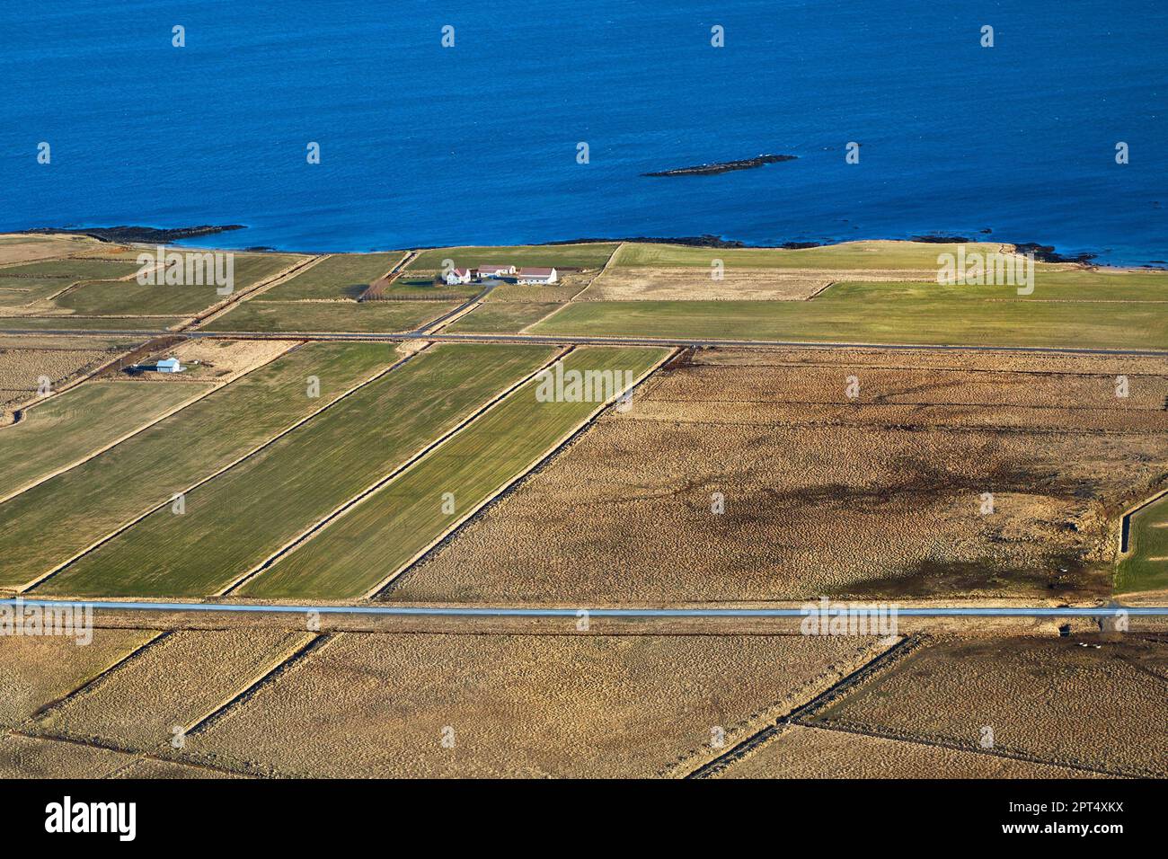 Iceland agricuture scenery from Akrafjall, Akranes, fields of farms ...