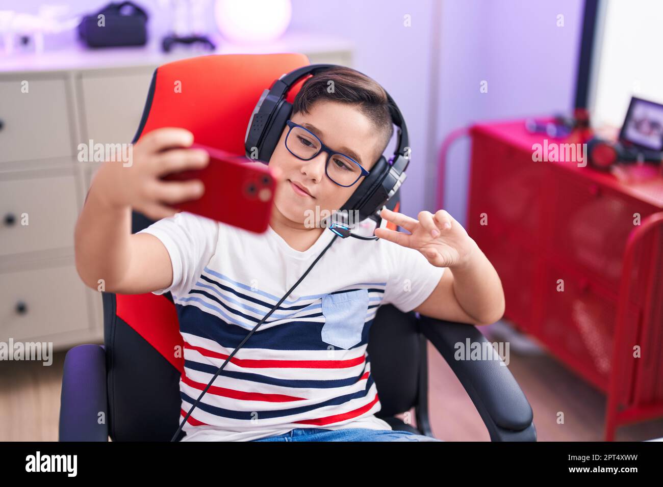 Adorable hispanic boy streamer smiling confident make selfie by ...