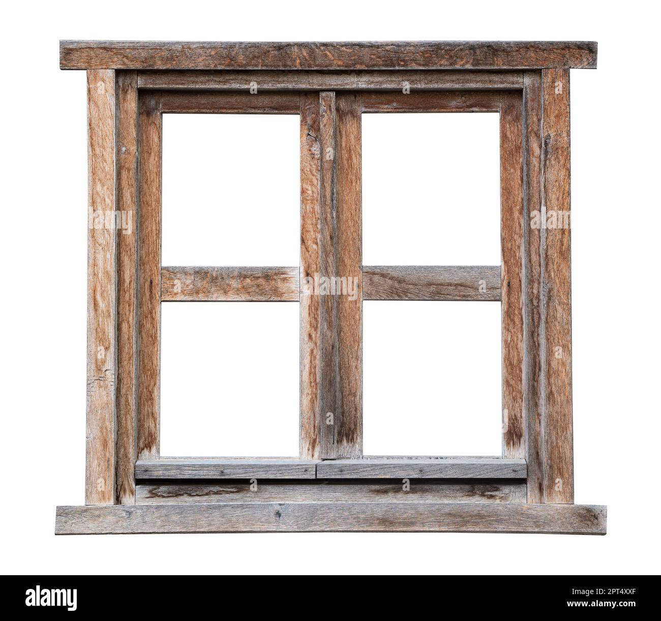 front view closeup of weathered vintage wooden brown window frame ...