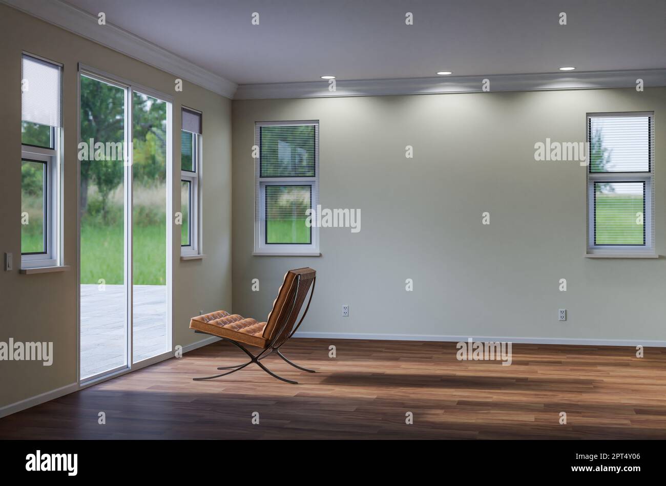 3D Illustration Empty Chair Sitting on the Floor Facing Glass Door in ...