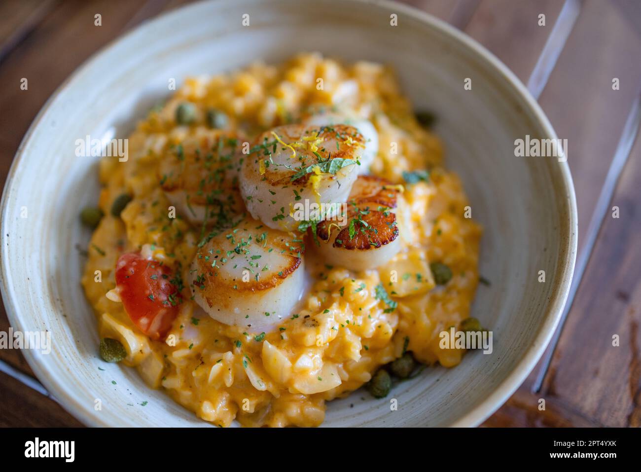 Scallop risotto dish in restaurant Stock Photo - Alamy