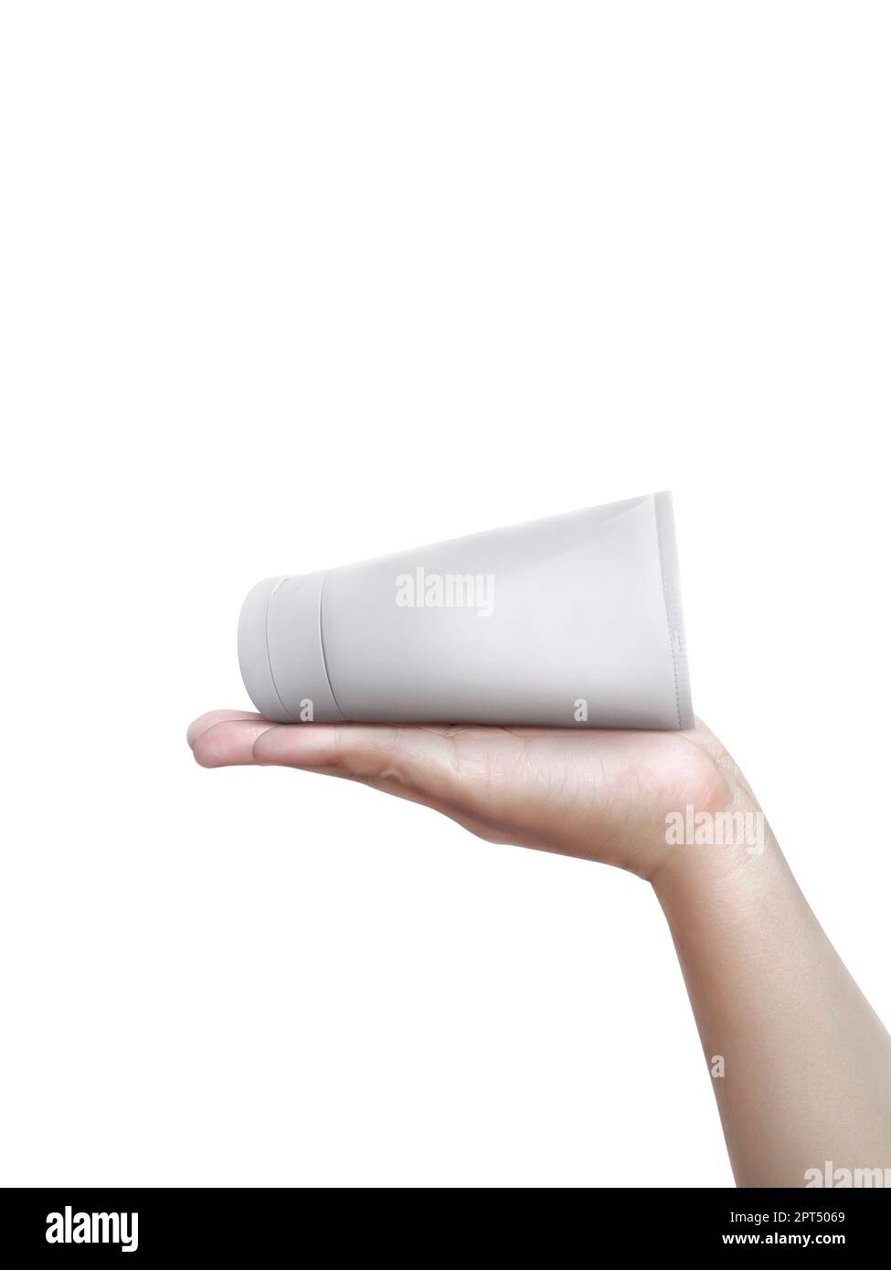 Human hand holding Cosmetic plastic tube isolated on white background ...