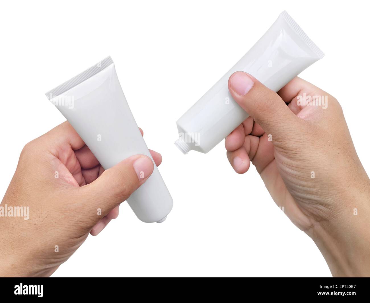 Hand holding Cosmetic plastic tube isolated on white background Stock ...