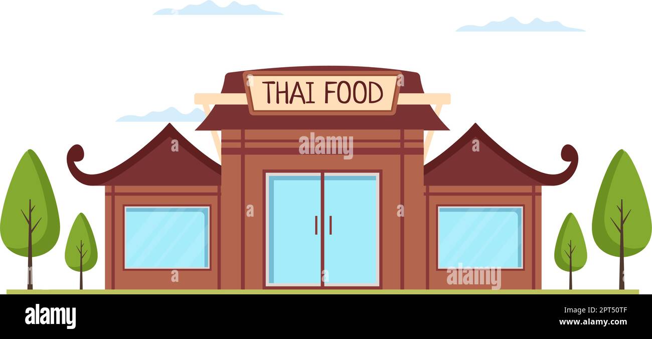 Traditional Thai Food Restaurant or Cafe Building Template Hand Drawn ...