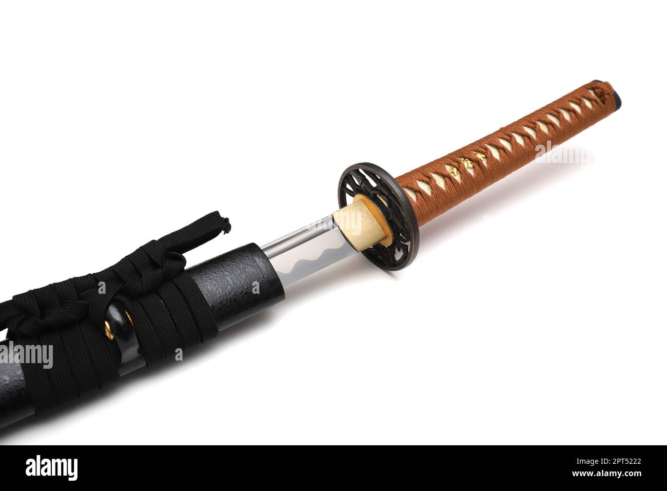 Japanese sword steel fitting and brown cord with black scabbard ...