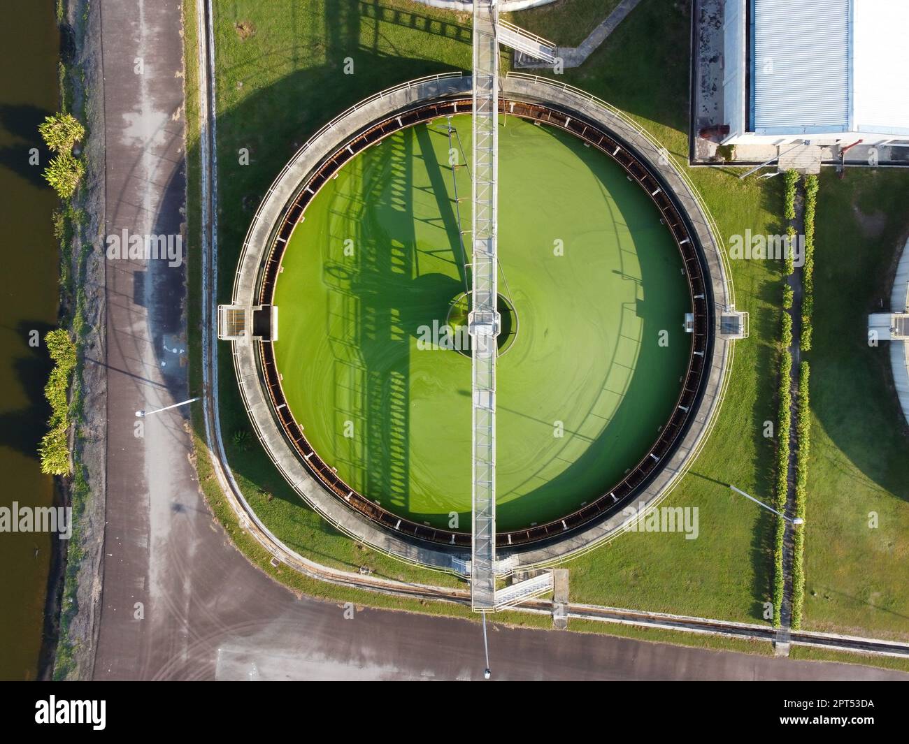 Aerial top down view water sewage station Stock Photo - Alamy