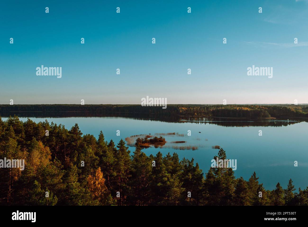 Top view of the island on Lake Baltieji Lakajai in Labanoras Regional ...