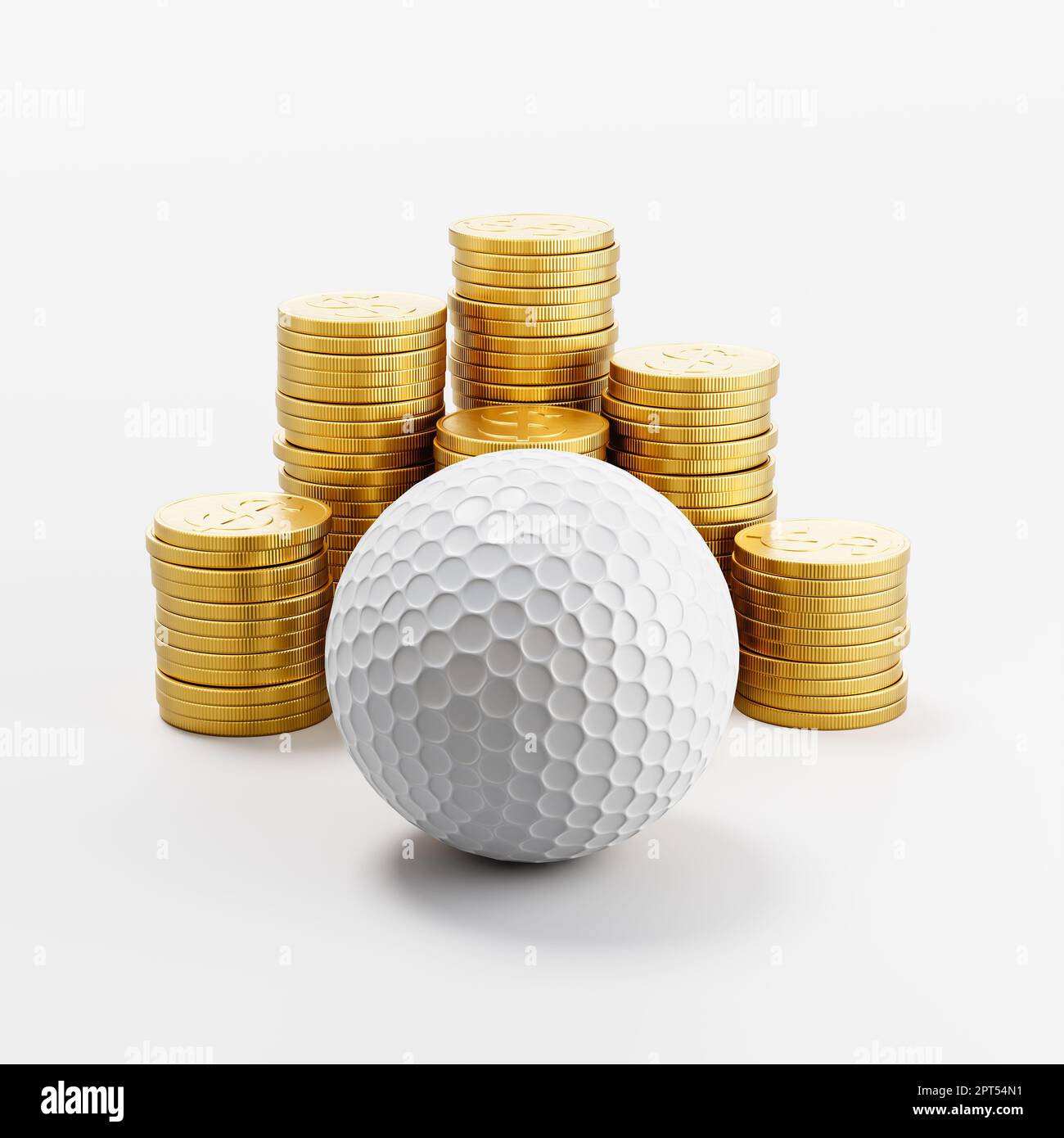 Golf Ball ahead of Stacks of Golden Coins on Light Gray Background 3D ...