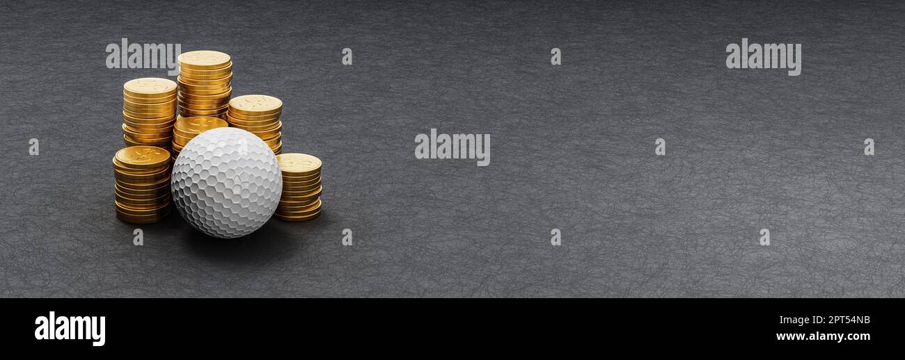 Golf Ball ahead of Stacks of Golden Coins on Dark Background with Copy ...