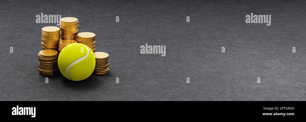 Tennis Ball ahead of Stacks of Golden Coins on Dark Background with ...
