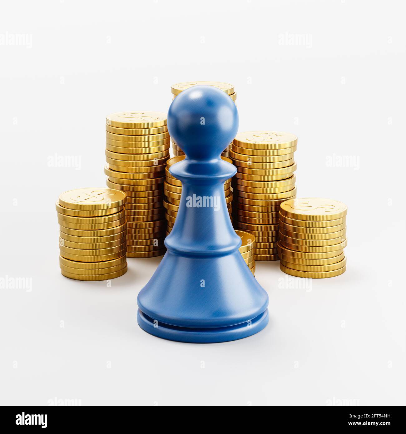Blue Chess Pawn ahead of Stacks of Golden Coins on Light Gray ...