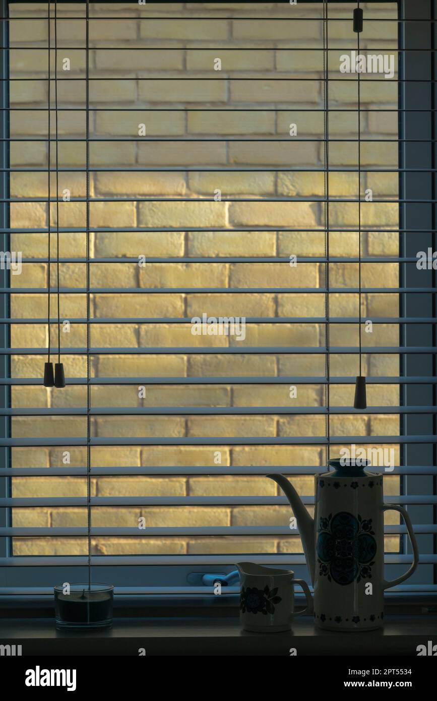 Blinds, brick wall, wooden blinds, pull cords, shadows, coffee pot, light Cotswold colour ...