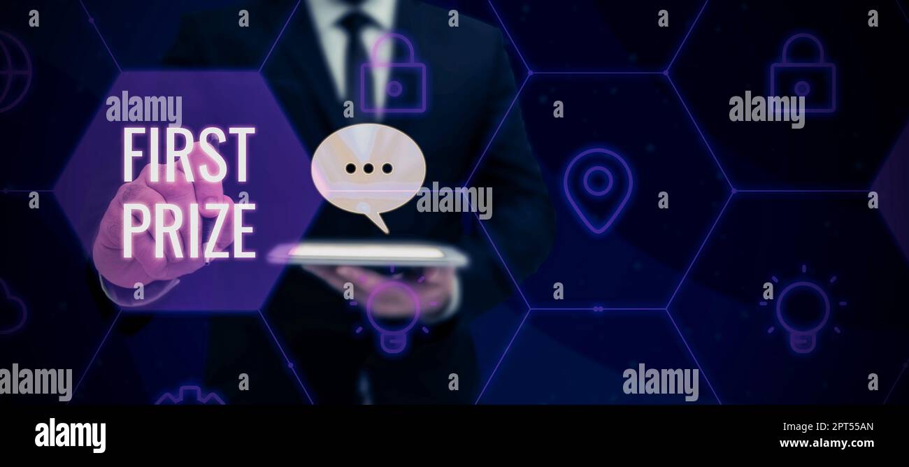 Hand writing sign First Prize, Business idea most coveted prize that is ...