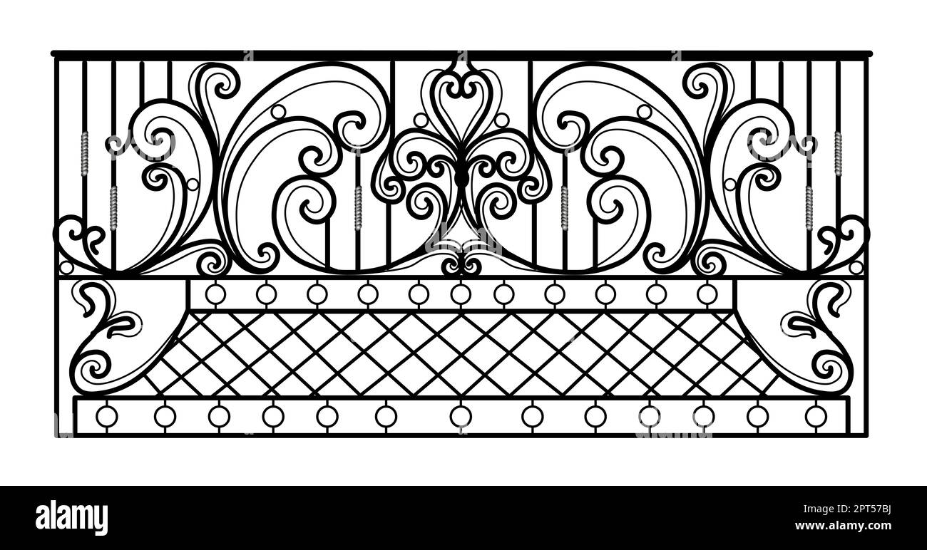 wrought iron balcony. Black metal railing with forged ornaments on a ...