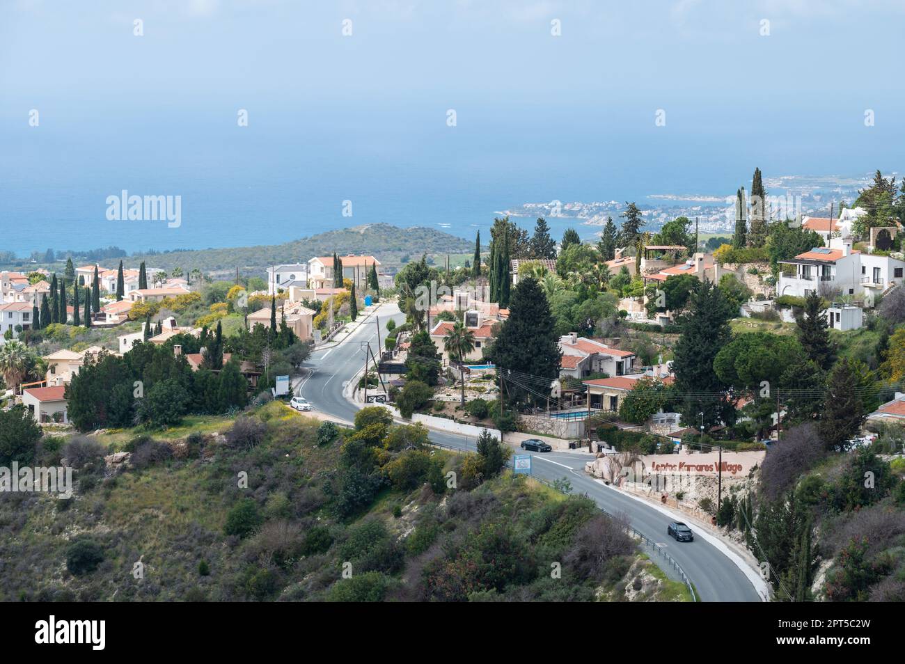 Tala, Cyprus - March 27, 2023 - Green rocky mountains and white houses ...