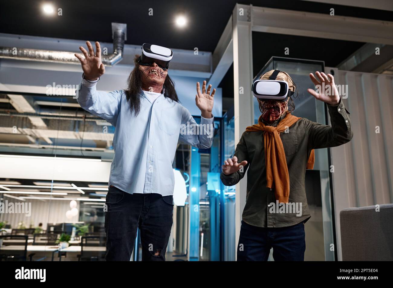 Creepy zombie employees working using virtual reality futuristic ...