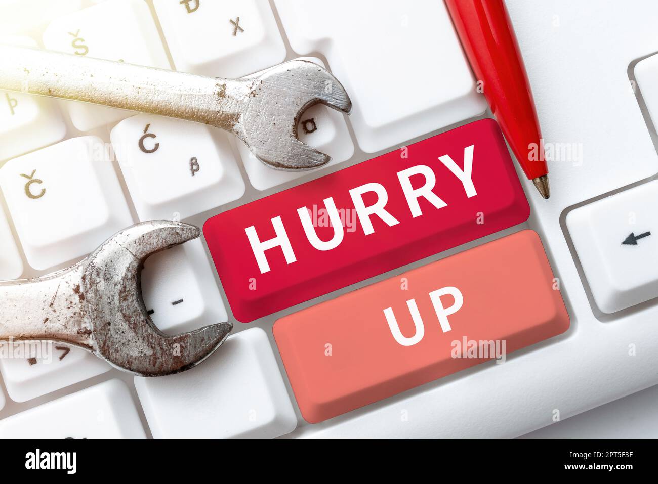 Hand writing sign Hurry Up, Word Written on asking someone to do a job ...