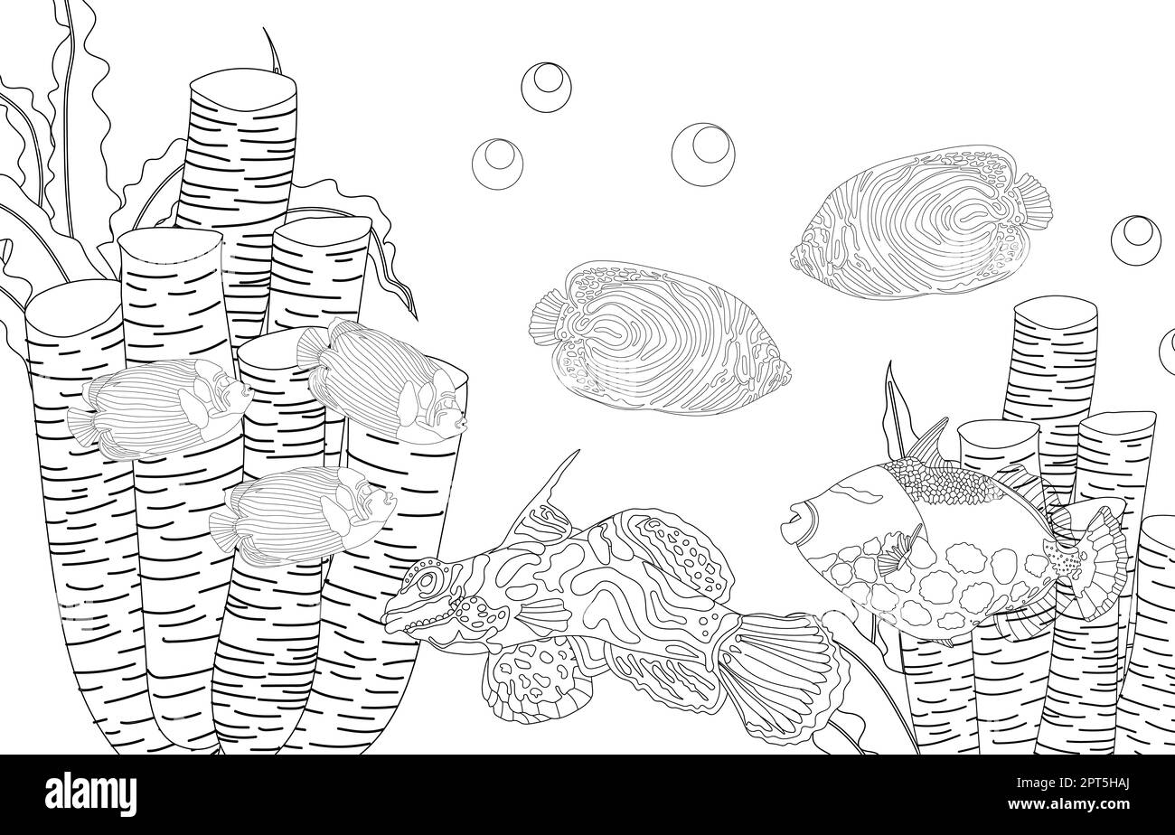 Coloring page fish. Sea life. Undersea world. vector illustration Stock ...
