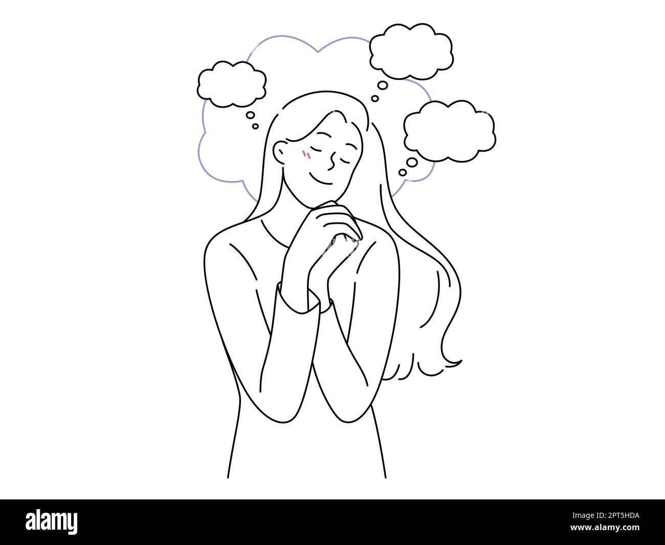 Smiling woman dreaming of happy future. Happy millennial girl visualize ...