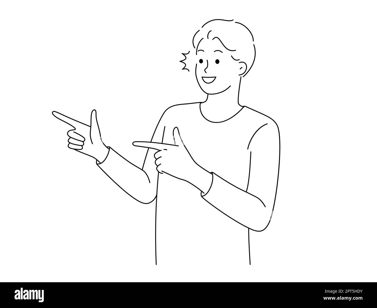 Smiling young man make hand gesture pointing aside. Happy guy ...
