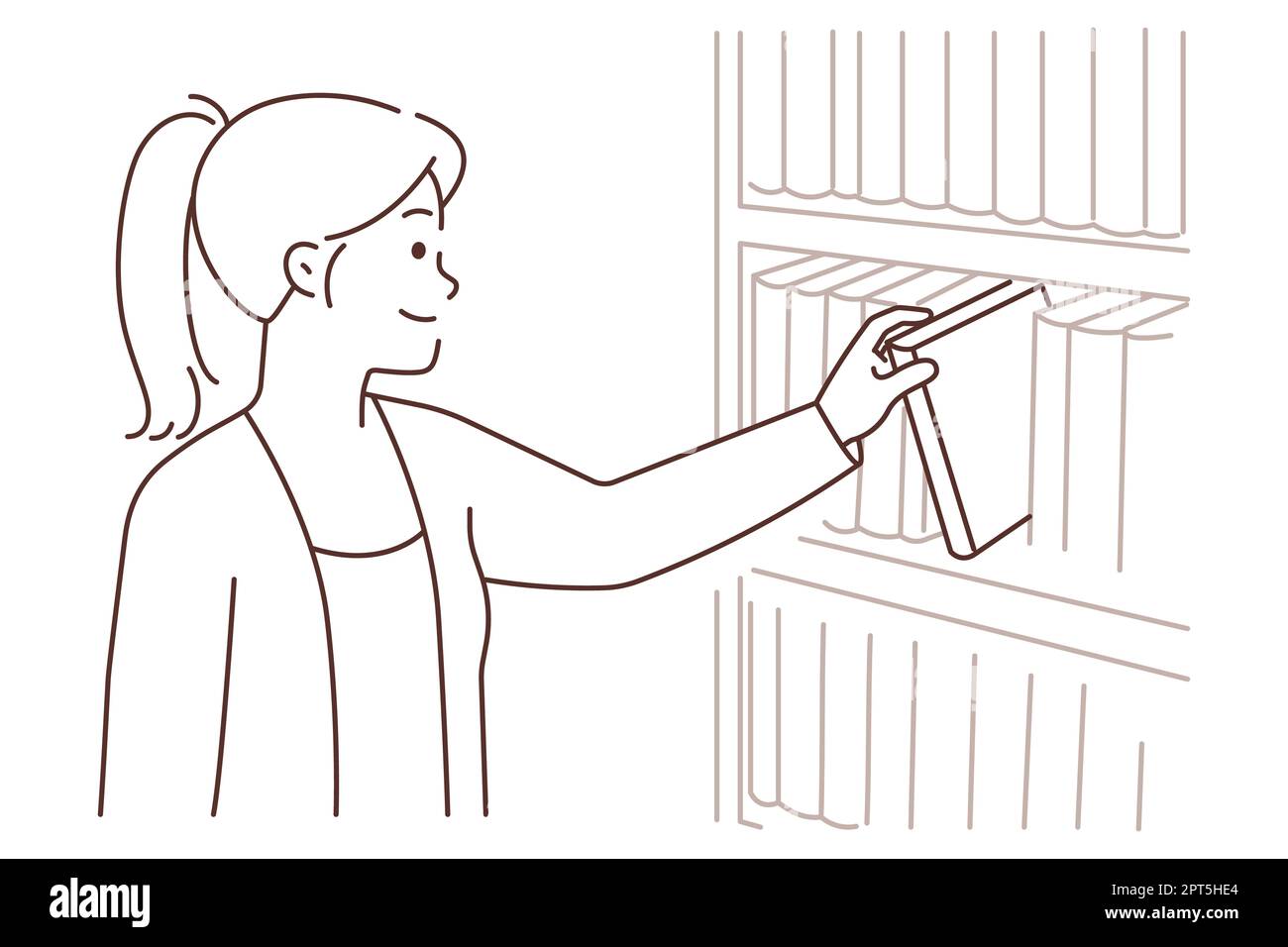 Smiling woman taking book from shelf in bookstore. Happy girl get ...