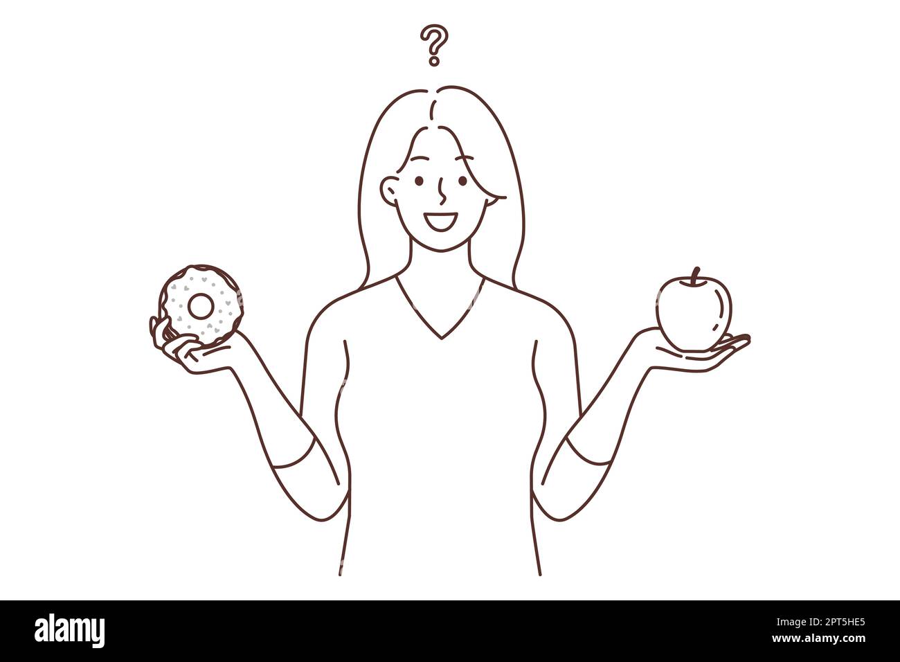 Smiling young woman choose between dessert and fruit. Happy female make ...