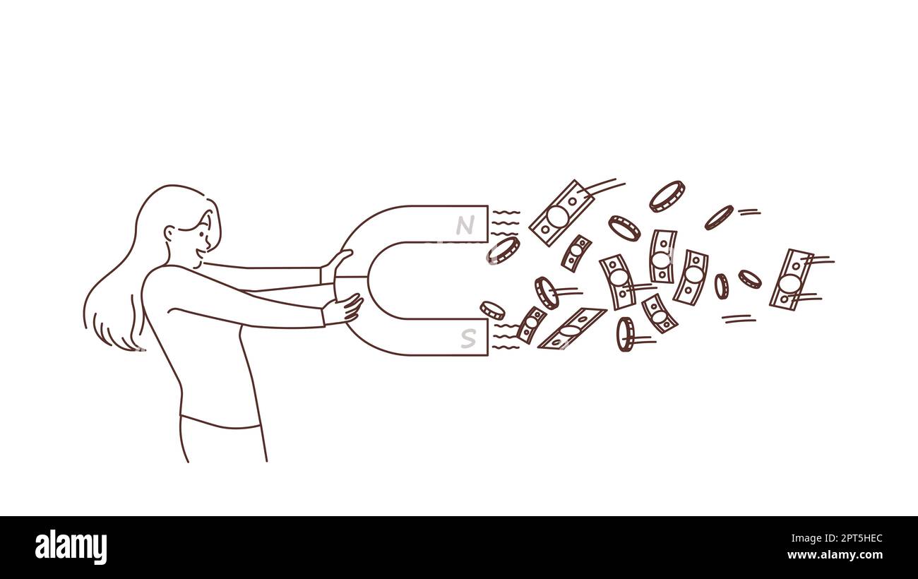 Smiling motivated woman with magnet collect money. Happy female gather ...