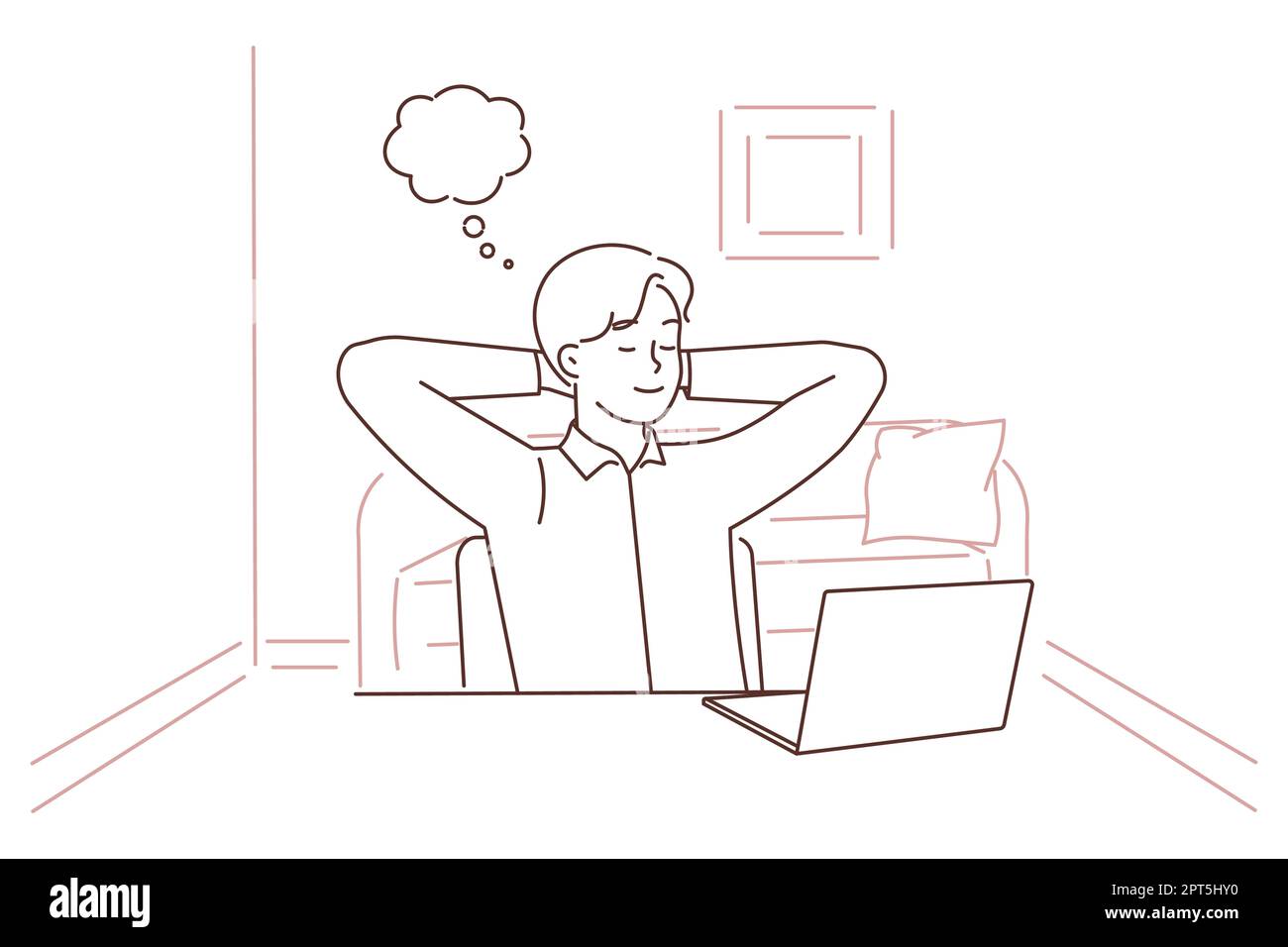 Young man sit at desk distracted from computer work dreaming and ...