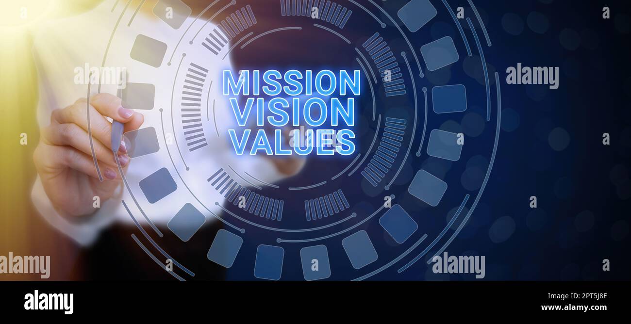 Hand writing sign Mission Vision Values, Word for company business ...