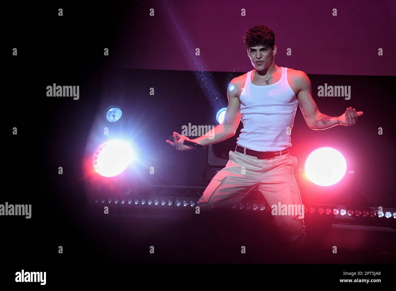 The singer Aritz Arén performs during a farewell event before his trip ...