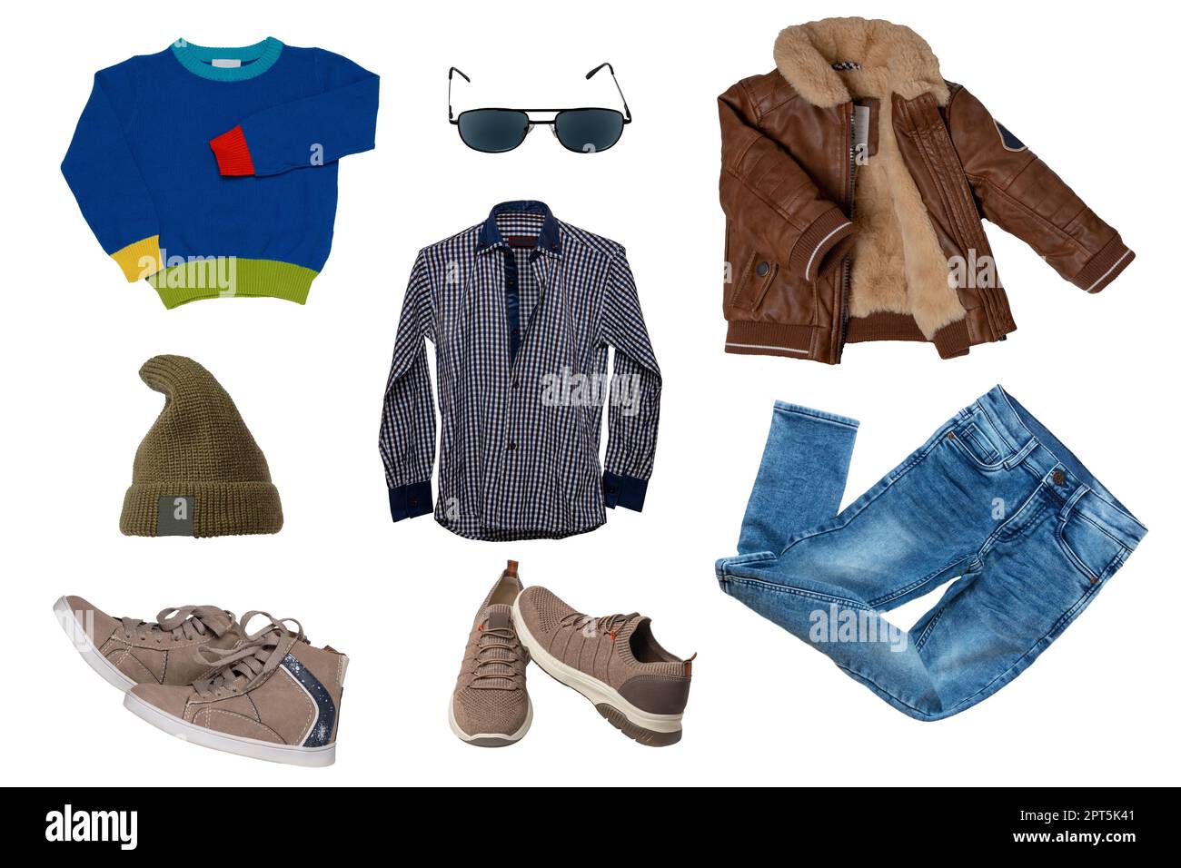 Collage set of little boys autumn clothes isolated on a white ...