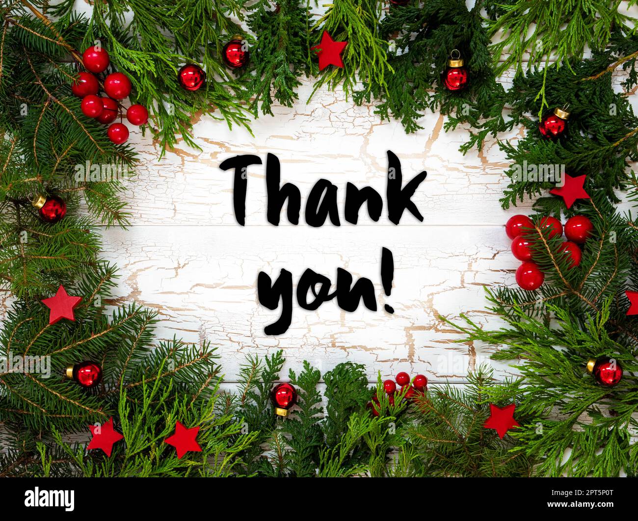 Christmas Card With Fir Branches And English Text Thank You. White ...