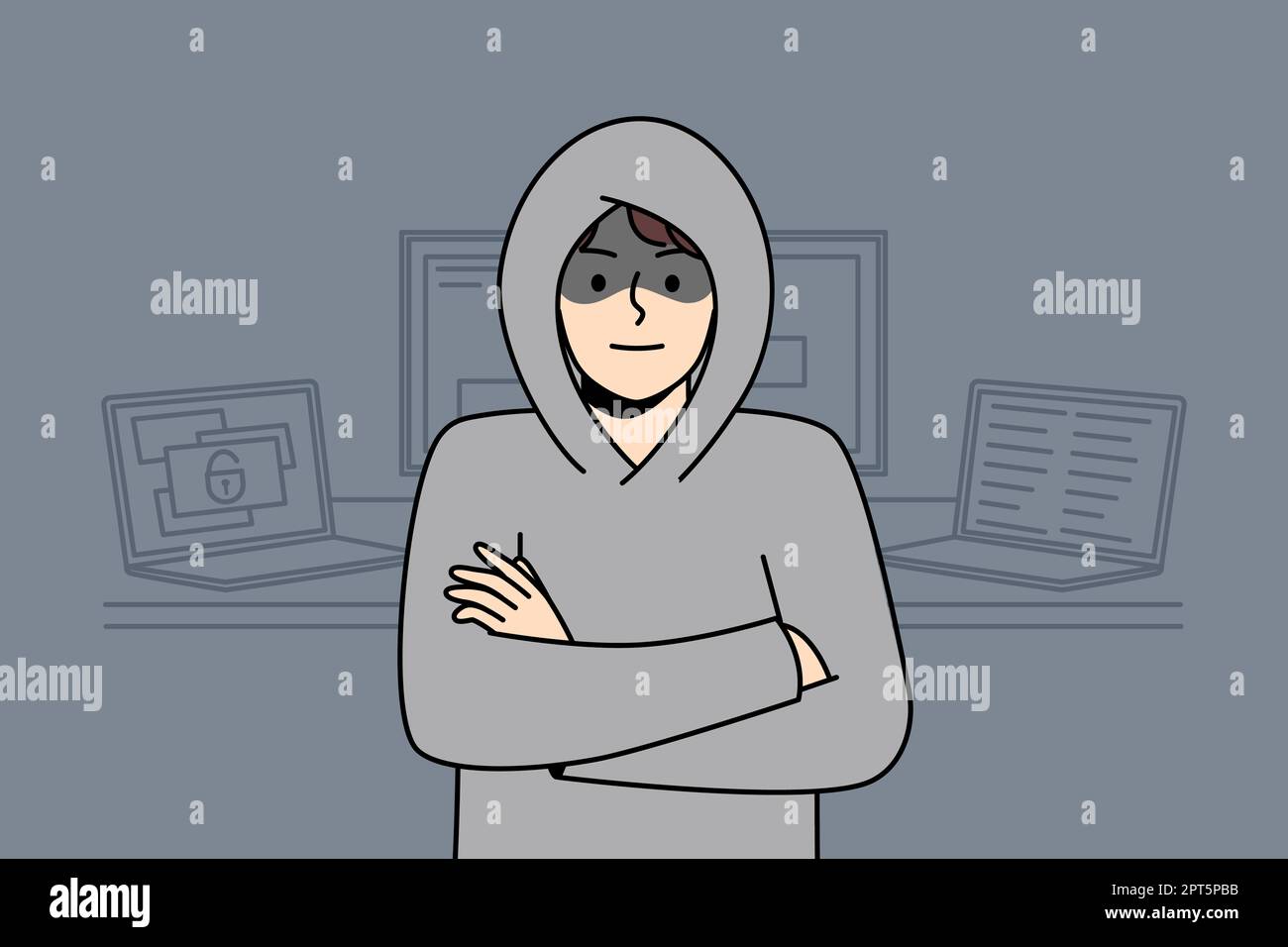 Young man in hood standing near computers hacking internal operations ...