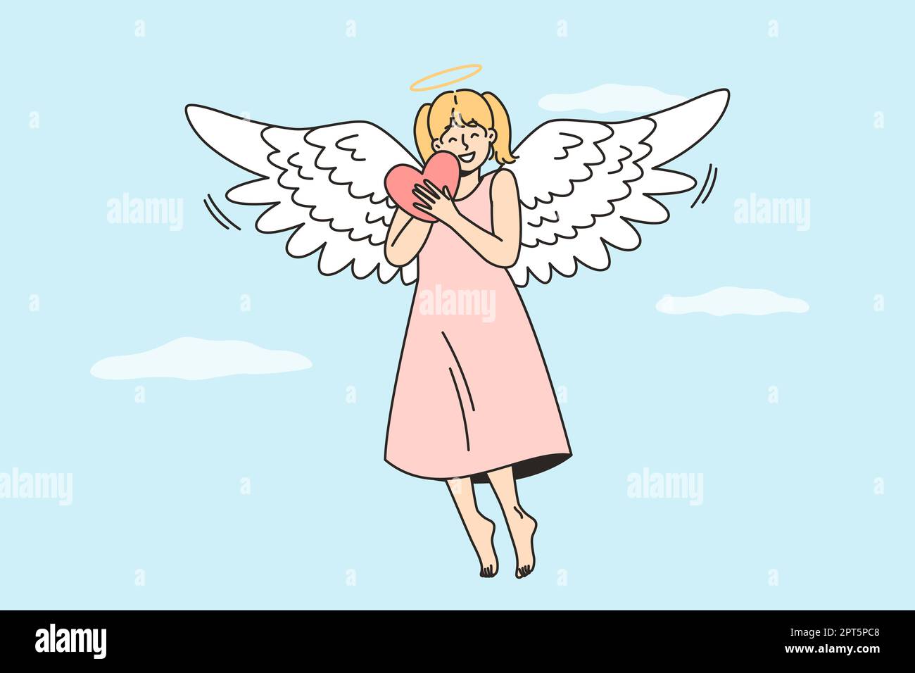 Girl soars in sky hugging heart, smiling. Joyful angel with wings, halo ...