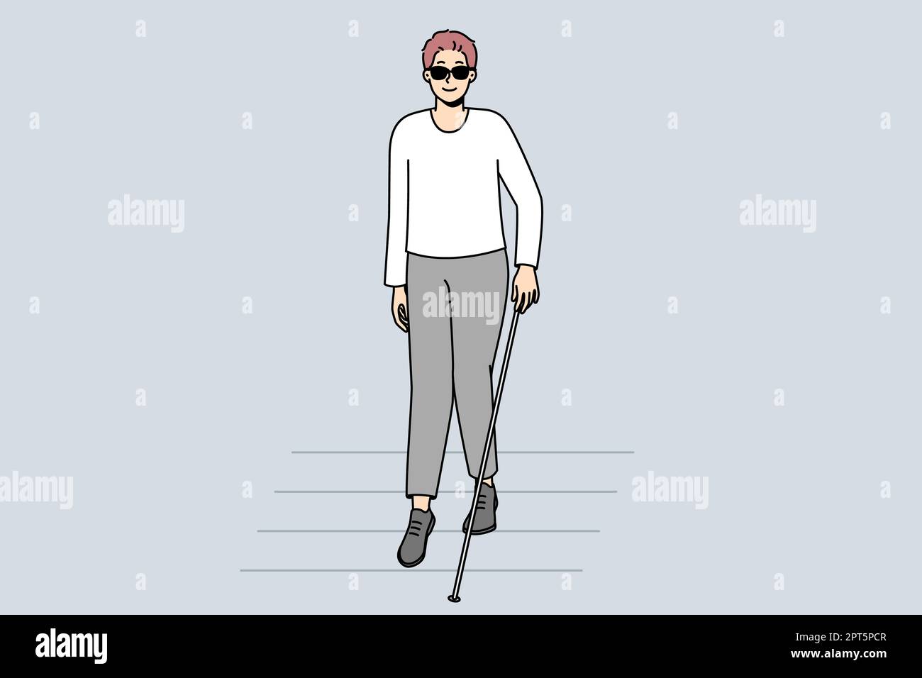 Blind man with stick walking on crosswalk. Disabled male in dark ...